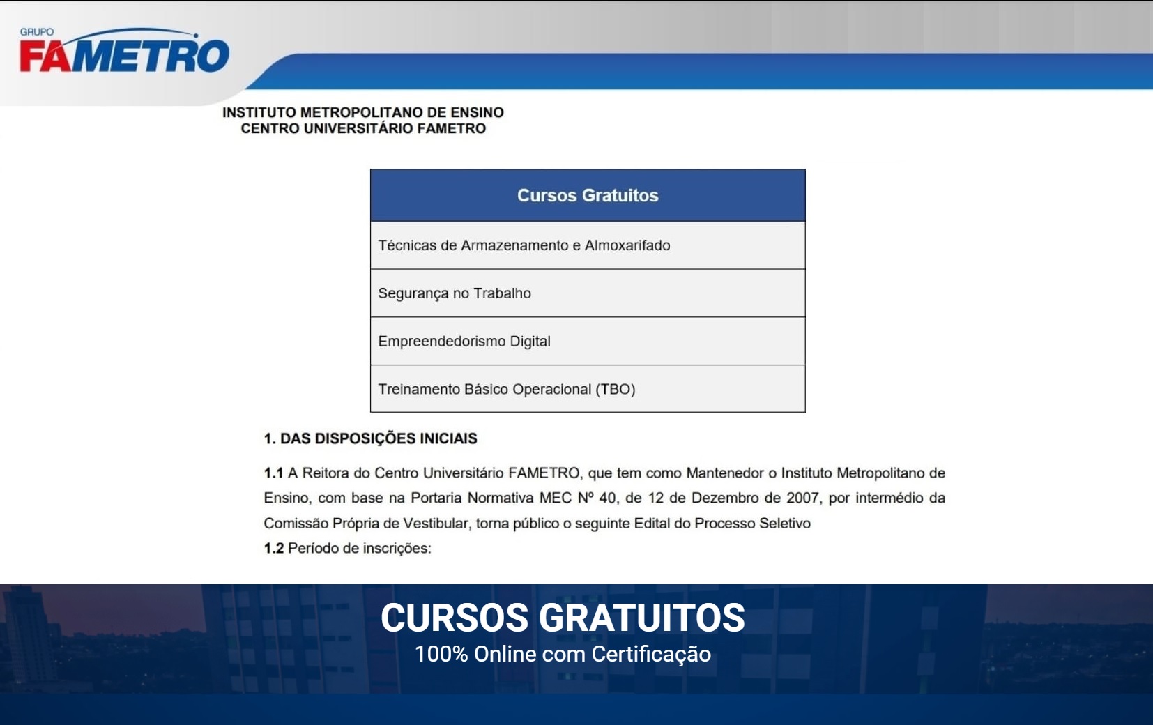 Cursos Gratuitos EAD na Fametro - Inscrições já disponíveis