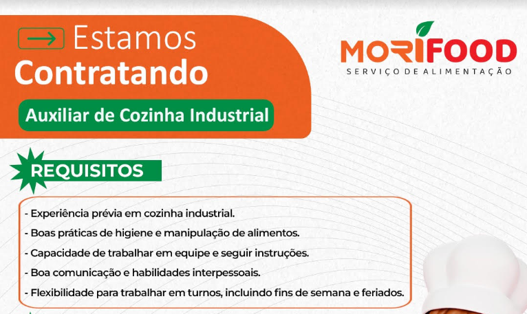 Mori Food abre oportunidade de emprego para Auxiliar de Cozinha em Manaus